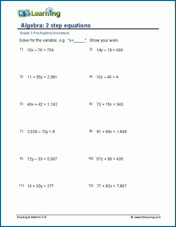 Algebra For Grade 5 Worksheets