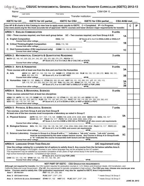 Igetc Worksheet College Of San Mateo