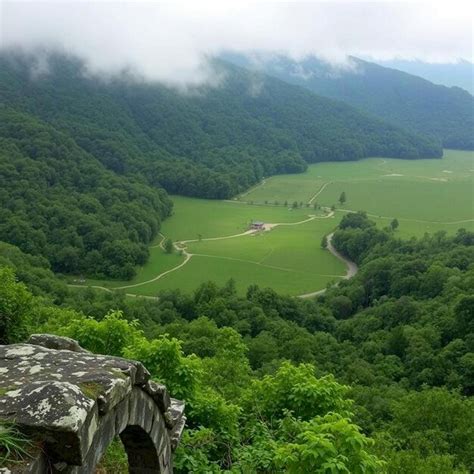 Lush Green Foliage Frames A Majestic Mountain Vista Under A Blue Sky