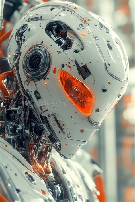 Futuristic Humanoid Robot with Glowing Orange Accents Showcased in a High-tech Environment ...