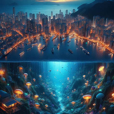 생성 Ai를 갖춘 수중 도시 풍경 대양 수중 신비한 배경 일러스트 및 사진 무료 다운로드 Pngtree