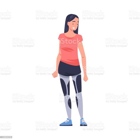 로봇 신체 부위 또는 사지 보철물을 가진 웃는 여성 캐릭터 정상적인 기능 벡터 일러스트 레이 션 복원 건강관리와 의술에 대한