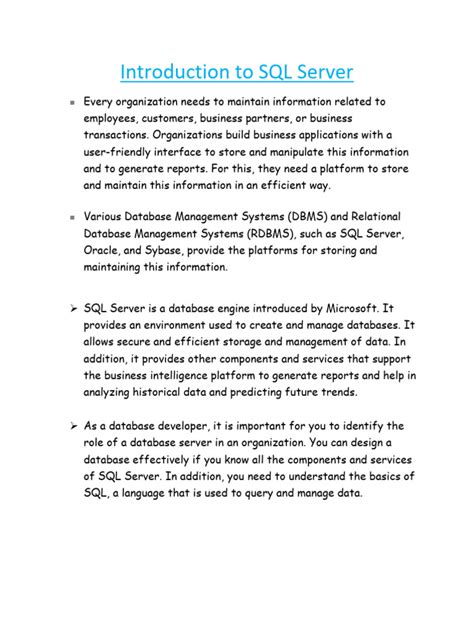 Introduction To Sql Server1 Pdf Databases Microsoft Sql Server