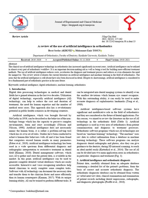 Ok A Review Of The Use Of Artificial Intelligence In Orthodontics Pdf
