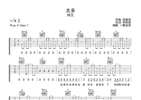 太多吉他谱 阿冗 A调吉他弹唱谱 完整编配版 琴谱网