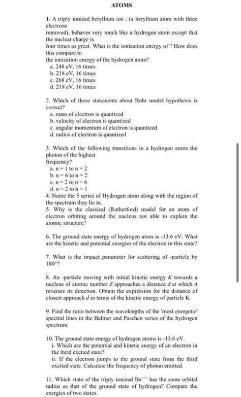 Atoms1 A Triply Ionized Beryllium Ion A Beryllium Atom With Three Ele