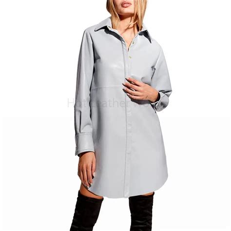 Classy Grey Button Down Women Leather Shirt Dress Hotleatherworld
