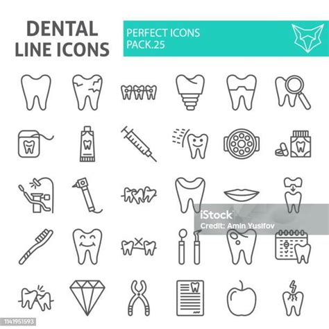 치과 라인 아이콘 세트 치과 기호 컬렉션 벡터 스케치 로고 일러스트 치아 표지판 선형 무늬 패키지 흰색 배경에 고립 10에 대한 스톡 벡터 아트 및 기타 이미지 Istock