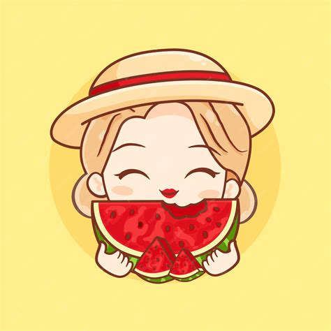 Linda Garota Loira Comendo Melancia Na Ilustração Dos Desenhos Animados