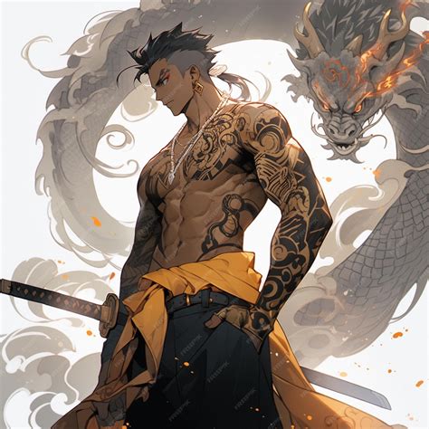 Premium Photo Anime Character With A Sword And Dragon Tattoo On His