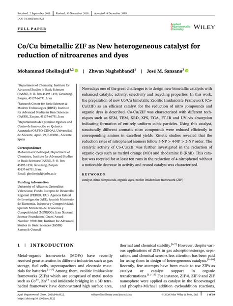 Cocu Bimetallic Zif As New Heterogeneous Catalyst For Reduction Of Nitroarenes And Dyes