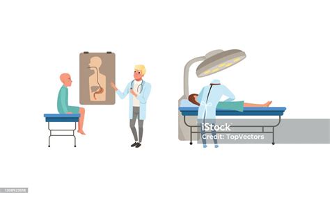 암 진단을 받은 남성 건강 검진 및 치료 벡터 세트 가공의 인물에 대한 스톡 벡터 아트 및 기타 이미지 가공의 인물 개념