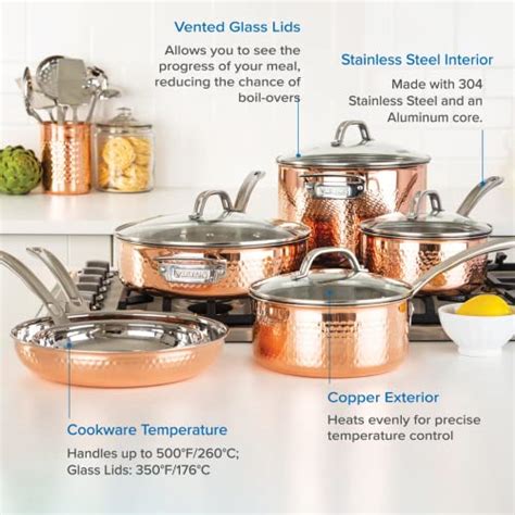 Viking Culinary 3 Ply Stainless Steel Hammered Copper Clad Cookware Set