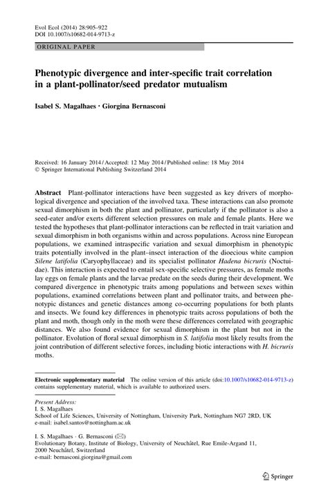 Pdf Phenotypic Divergence And Inter Specific Trait Correlation In A