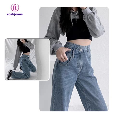 Roshjeans Denim Pants For Women High Waist Baggy Wide Leg Pants Mom