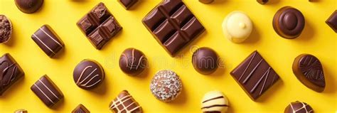 Different Types Of Chocolate And Chocolates Lots Of Sweets Top View Bright Yellow Background