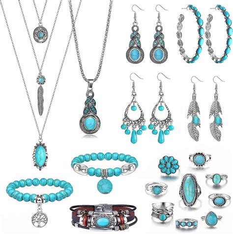 Amazon Fibo Steel Bohemian Turquoise Jewelry Set For Women Western