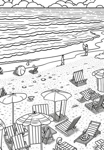 Um Desenho De Uma Praia Com Cadeiras E Guarda Sóis Na Areia Generativa