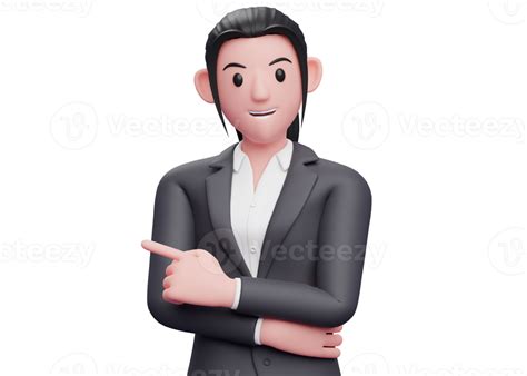 Business Girl In Formal Suit Pointing To The Left And Hand Crossed On Chest 3d Render Business