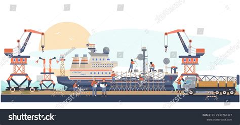 Shipbuilding Site Workers Building Ship Dock Stock Vector Royalty Free