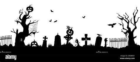 Halloween Cemetery Silhouette Vector Creepy Graveyard With Zombie Hand