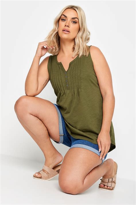 Yours Plus Size Olive Green Pintuck Henley Vest Top Yours Clothing