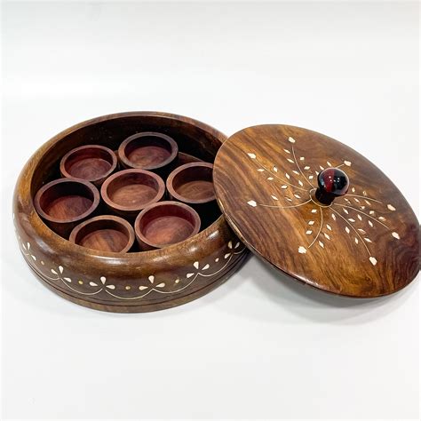 Best Wooden Round Masala Box With 7 Containers Angroos