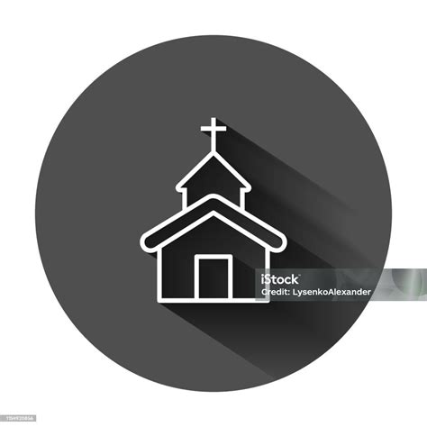 플랫 스타일의 교회 아이콘입니다 긴 그림자와 블랙 라운드 배경에 채 플 벡터 일러스트 레이 션 종교적 건물 사업 개념입니다 건설