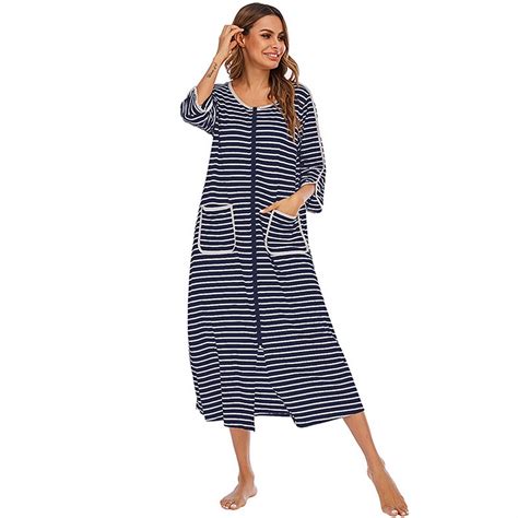Women Long House Coat Zipper Front Robes Full Length Nightgowns With
