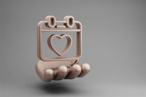 아름다운 추상적 인 삽화 회색 배경에 심장 기호 아이콘이있는 골든 핸드 홀딩 캘린더 3d 렌더링 그림 디자인의 배경 패턴