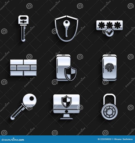 Set Smartphone With Security Shield Computer Monitor And Safe Combination Lock Wheel