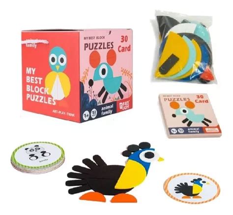 Conjunto de madeira Tangram e cartões para formar figuras de animais