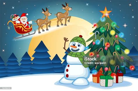 순록과 썰매에 이동 산타 클로스와 밤 벡터 일러스트 레이션에서 보름달과 크리스마스 트리와 눈사람과 많은 선물을 제공합니다 12월에 대한 스톡 벡터 아트 및 기타 이미지