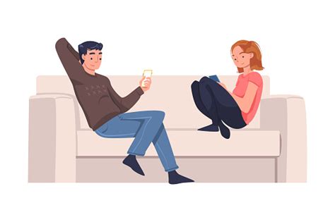 인터넷 중독 벡터 일러스트로 고통받는 소파에 앉아 있는 디지털 장치를 가진 남자와 여자 캐릭터 Brand Name Smart