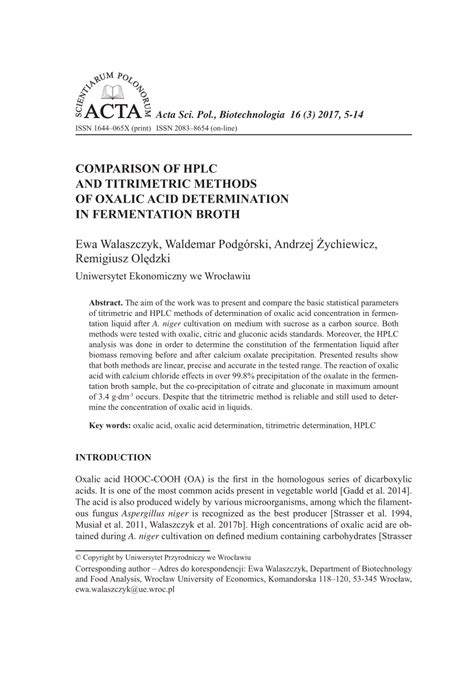 Pdf Comparison Of Hplc And Titrimetric Methods Of Oxalic Acid