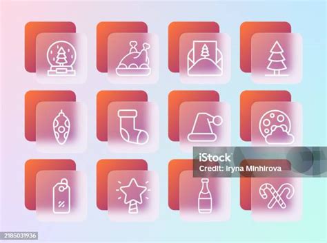 세트 라인 크리스마스 트리 별 산타 클로스 모자 샴페인 병 스타킹 봉투 스노우 글로브 및 구운 칠면조 또는 닭 아이콘 벡터 겨울에 대한 스톡 벡터 아트 및 기타 이미지