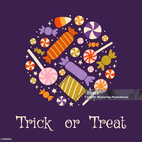 핼러윈 축제 카드 Trick Or Treat는 보라색 배경에 둥근 모양의 다양한 손으로 그린 사탕입니다 평면 그림입니다 표지 라벨 초대장용 템플릿입니다 초대장에 대한 스톡