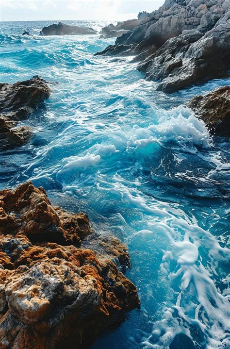 Azure Waves Crashing Against Rocky Shoreline Scenic Coastal Beach