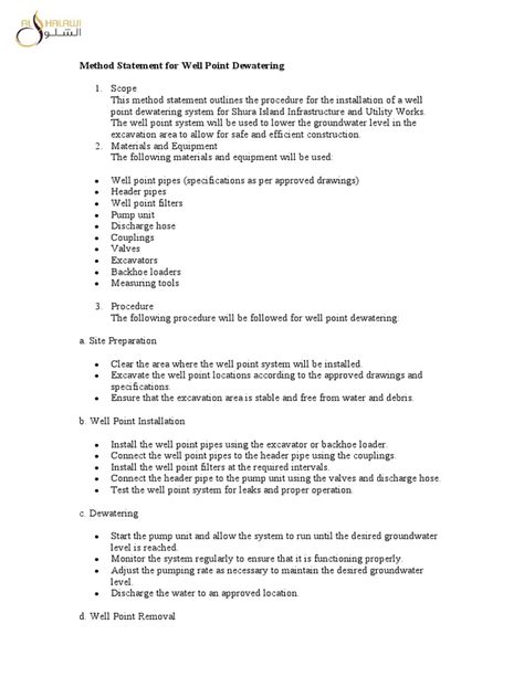 Dewatering Method Statement Well Point Pdf Pump Pipe Fluid Conveyance