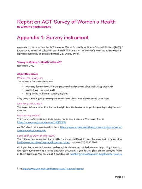 Fillable Online Report On ACT Survey Of Women S Health Appendix 1 Fax Email Print PdfFiller