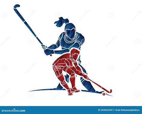 Group Of Field Hockey Sport Male An Female Players Mix Action Cartoon