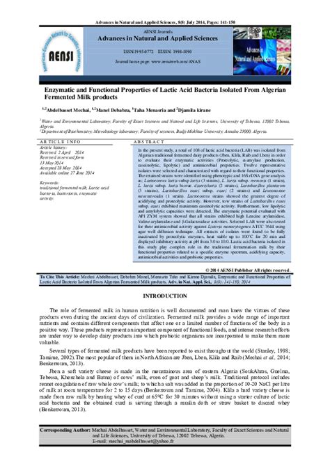 Pdf Enzymatic And Functional Properties Of Lactic Acid Bacteria Isolated From Algerian