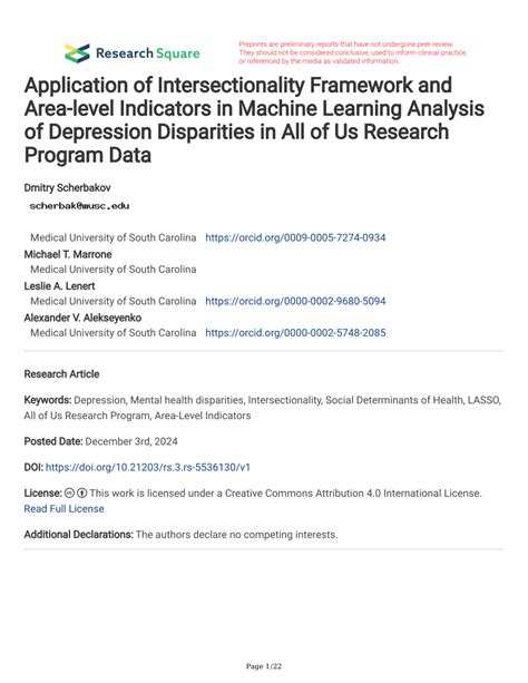 Pdf Application Of Intersectionality Framework And Area Level Indicators In Machine Learning
