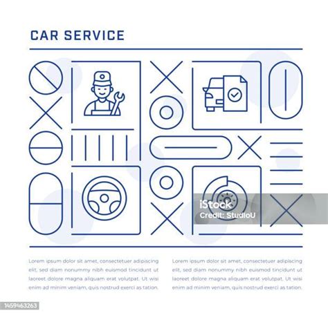 자동차 서비스 웹 배너 디자인 정비사 차량 검사 스티어링 휠 브레이크 라이닝 라인 아이콘 가속 페달에 대한 스톡 벡터 아트 및