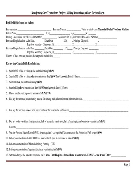 Fillable Online 30 Day Readmission Chart Review Form Page 1 Fax Email