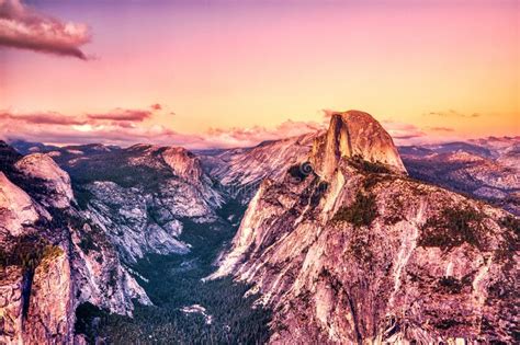 Yosemite Valley And Iconic Half Dome At Dusk With Vibrant Colors