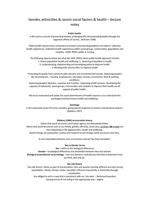 Gender Sex Inequalities Lecture Notes Gender Ethnicities And Racism