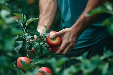 Generative Ai Image Of Hands Pick Fresh Red Apple From Tree Background Stock Illustration