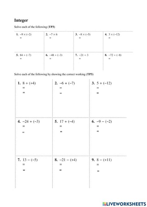 Integer Free Interactive Worksheets 1023914