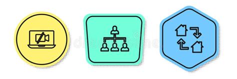 Set Line Video Camera Off On Laptop Hierarchy Organogram Chart And Online Working Colored